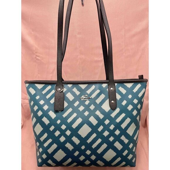 Coach | Bags | Coach Blue Graphic Print Leather Trim Tote Style Handbag ...